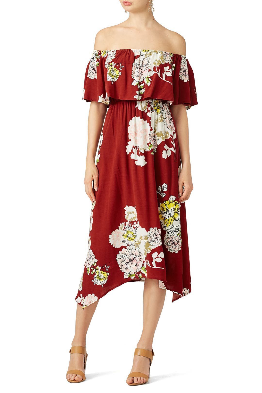 Red Rust Floral Off Shoulder Dress by ASTR | Rent the Runway