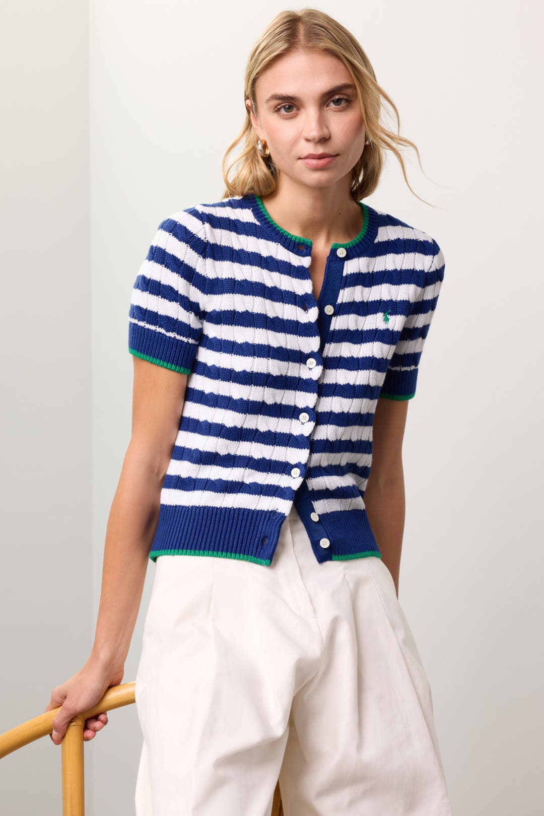 Striped Cable Short Sleeve Cardigan by Polo Ralph Lauren | Rent the Runway