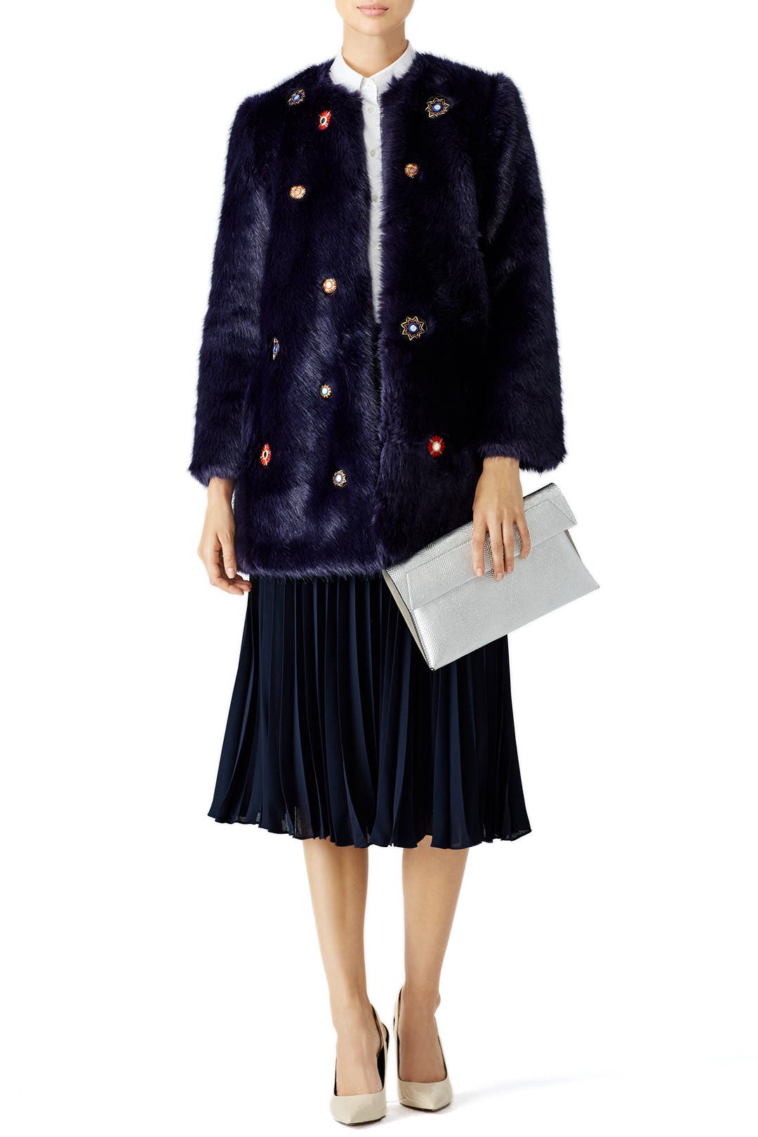 Navy Mirror Faux Fur Coat by SALONI | Rent the Runway