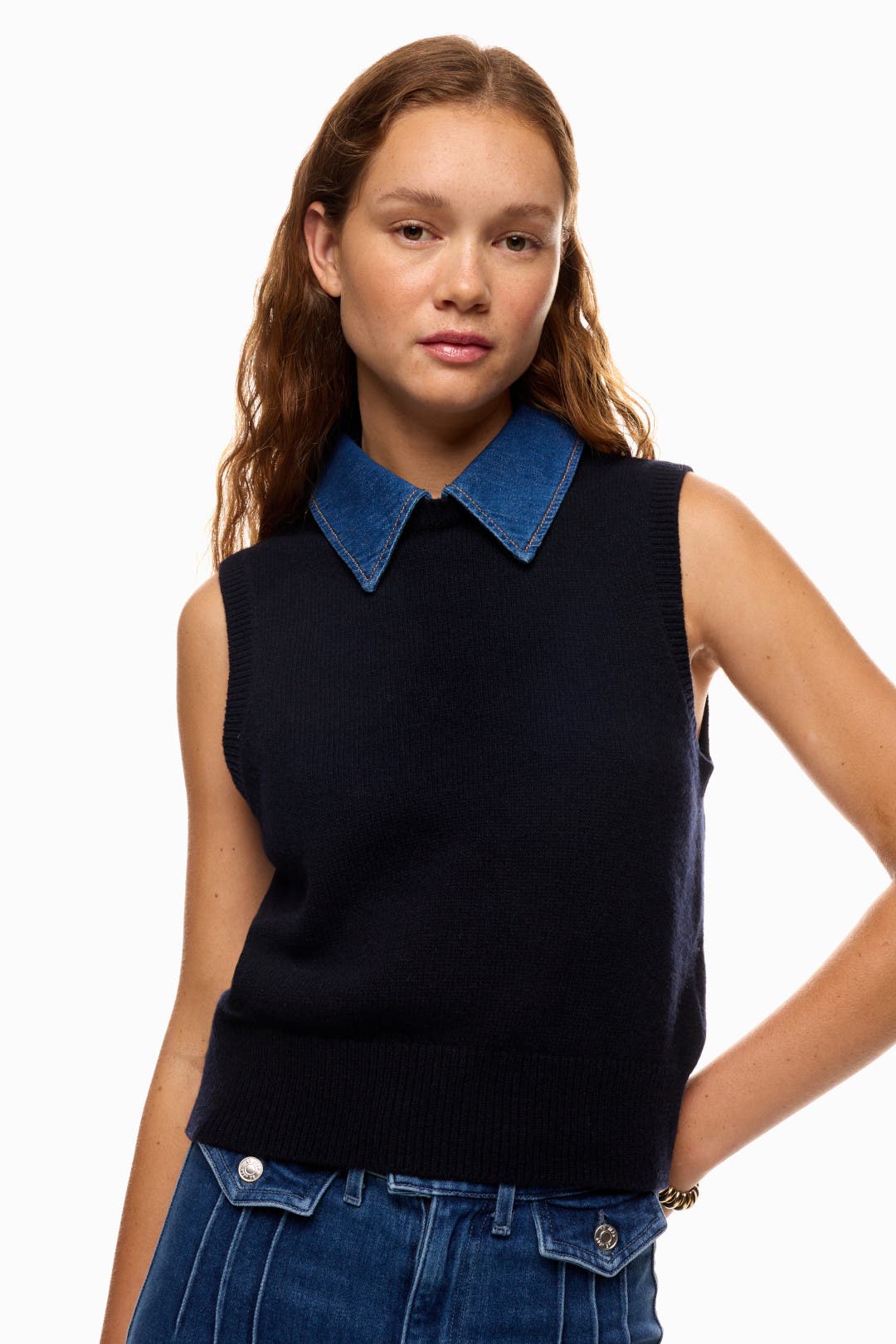 Sweater With Denim Collar by Sandro | Rent the Runway