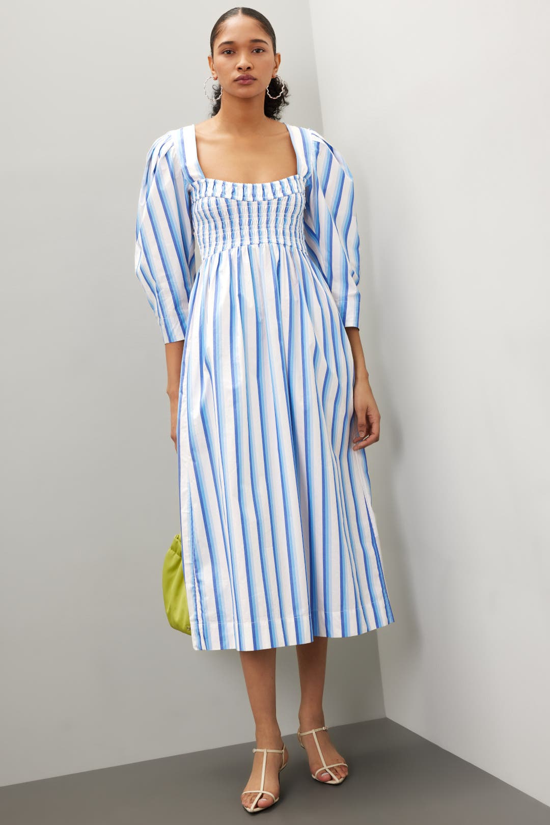 Blue Striped Cotton Smock Midi Dress by GANNI | Rent the Runway