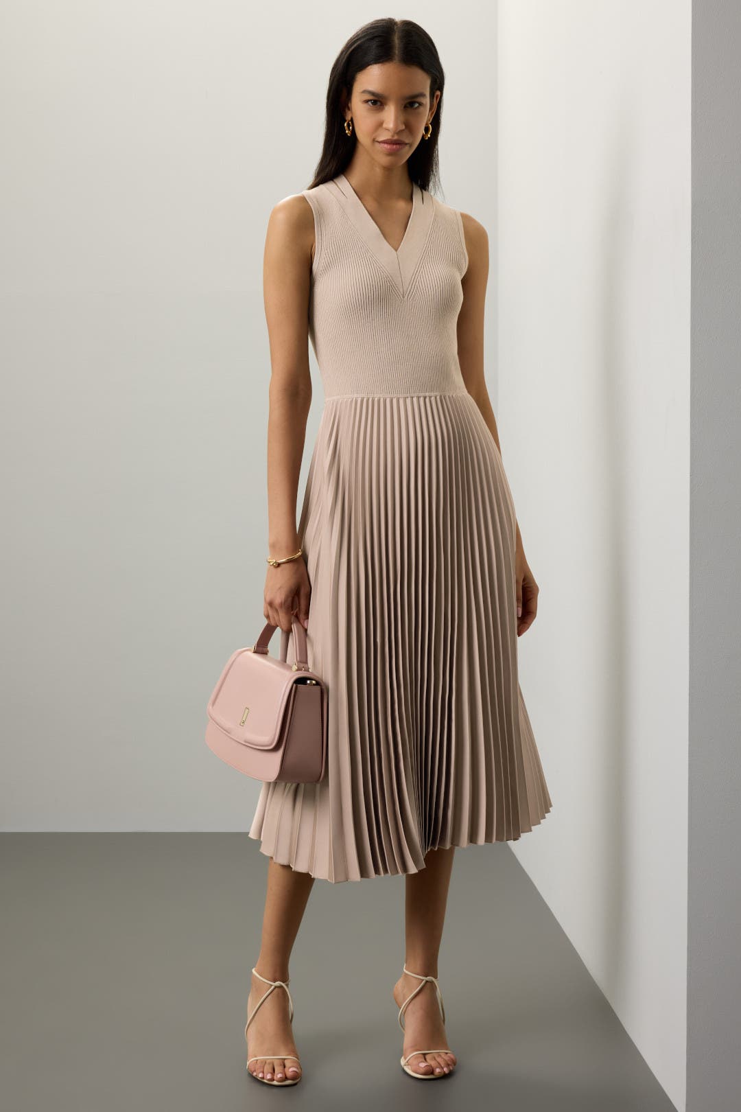 Beige Pleated Midi Dress by BOSS | Rent the Runway