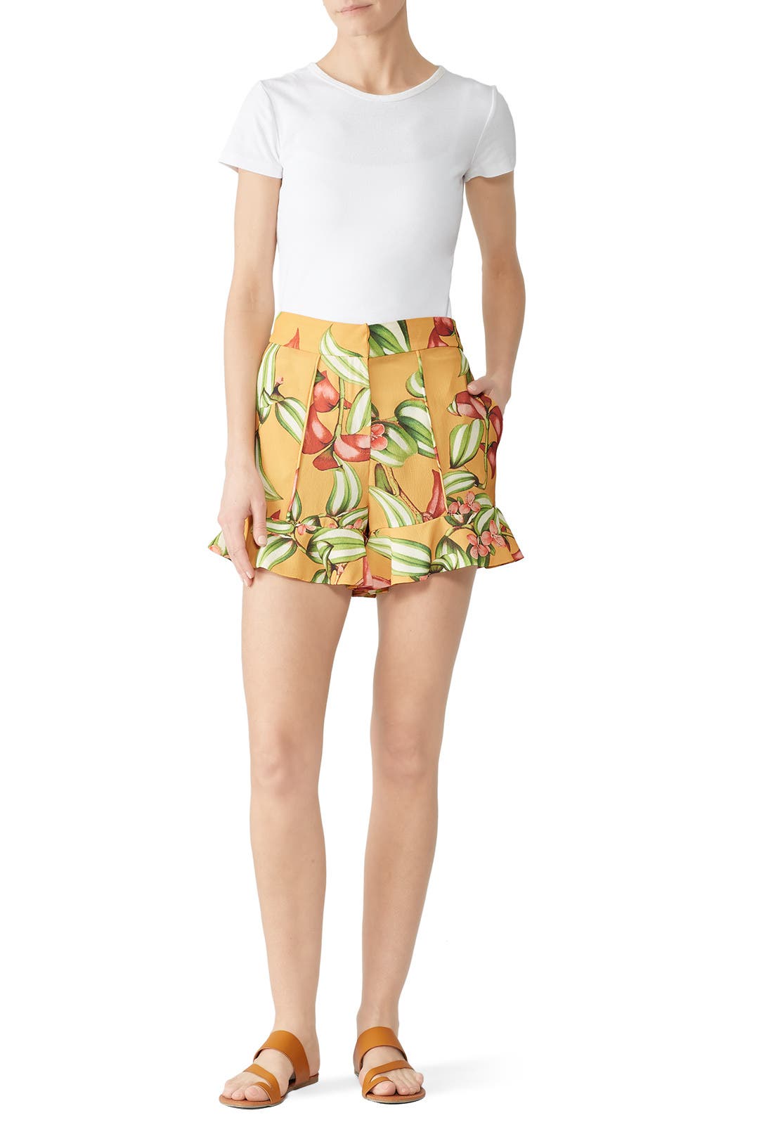 Yellow Floral Ruffle Hem Shorts by PatBO | Rent the Runway