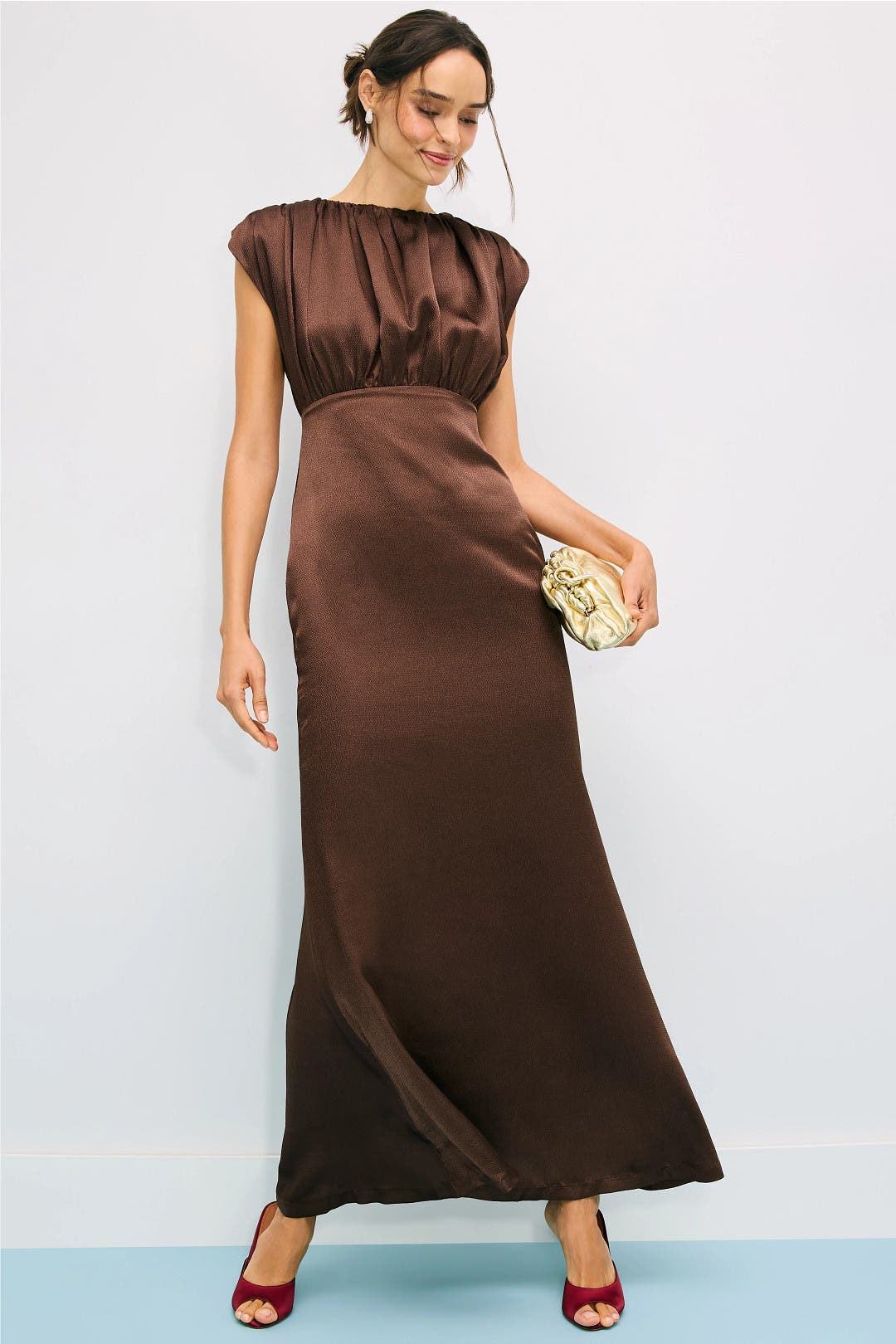Brown Gathered Bust Gown by Jewel x Badgley Mischka | Rent the Runway
