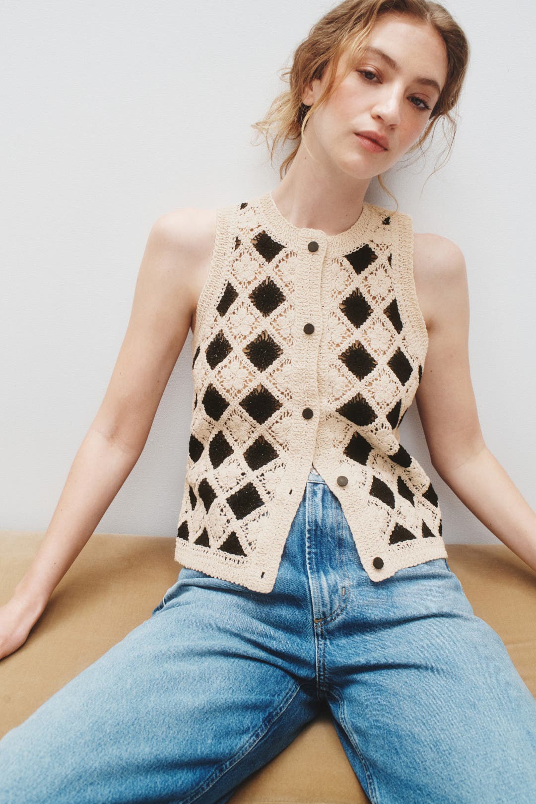 Crochet Button Front Vest by CeCe | Rent the Runway